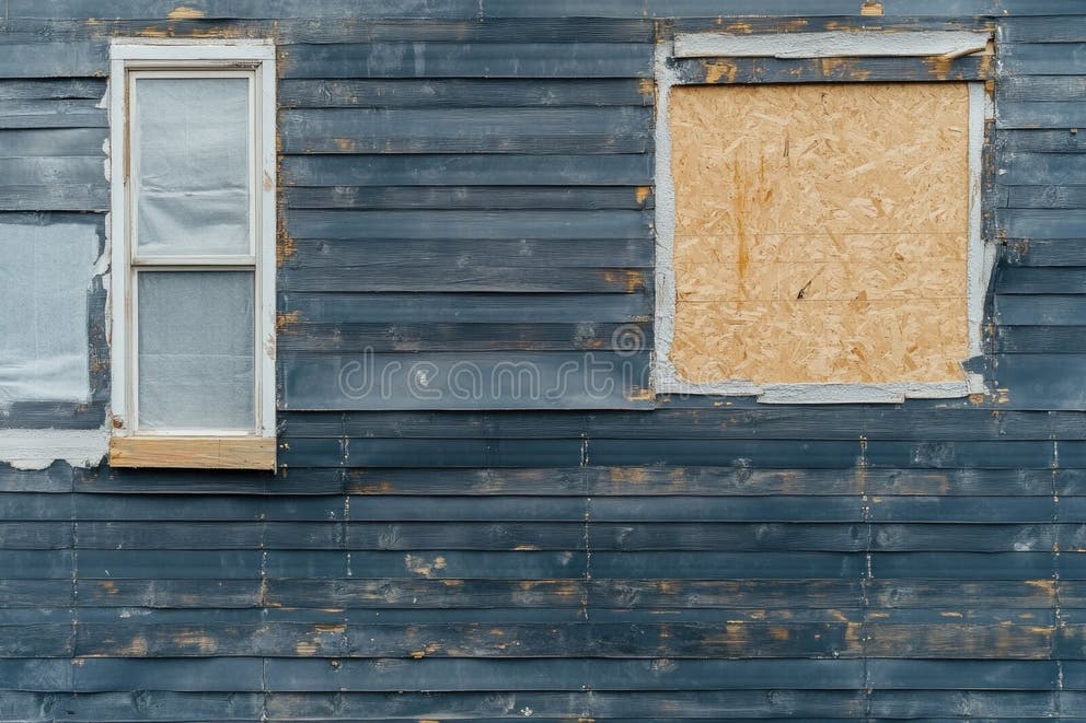 Boarded Windows on Blue House Stock Image - Image of domestic, building ...