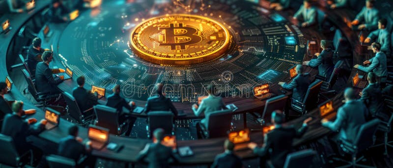 Boardroom Discussion on Digital Transactions, Bitcoin Focus, Top View ...