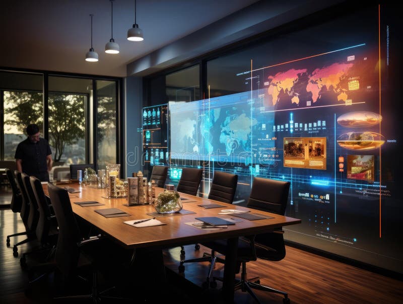 Boardroom with Holographic Projector Displaying Interactive Data Stock ...