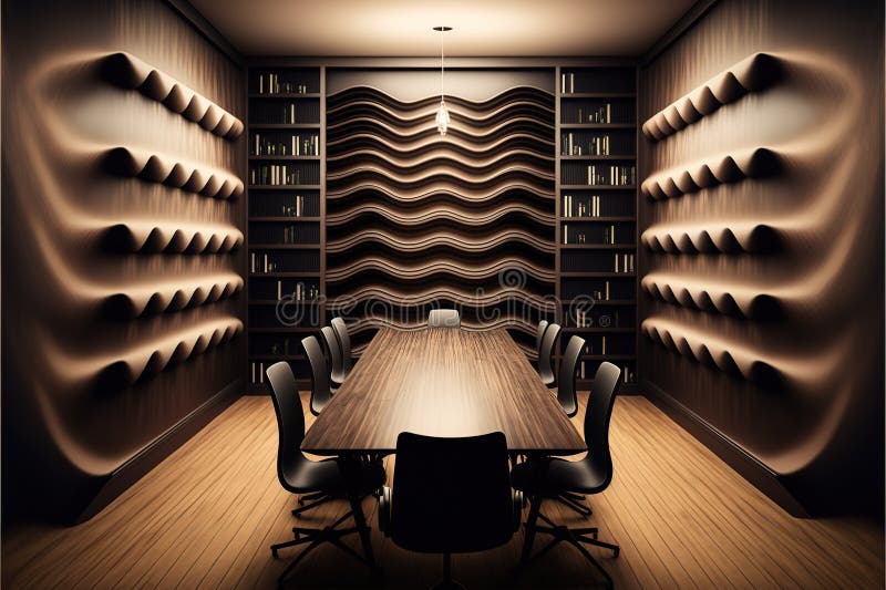 Boardroom Interior with Wave Pattern Wall, Wooden Floor, Long Table ...