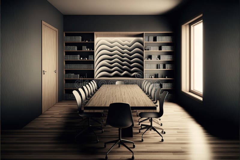 Boardroom Interior with Wave Pattern Wall, Wooden Floor, Long Table ...