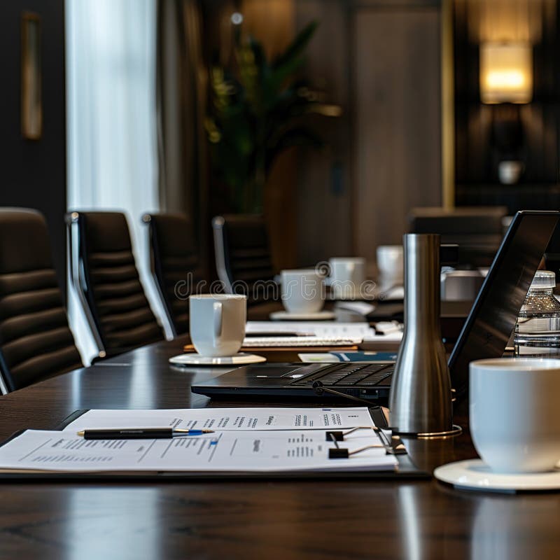 Boardroom Table Set Up for a Meeting with Documents, Laptops, and ...