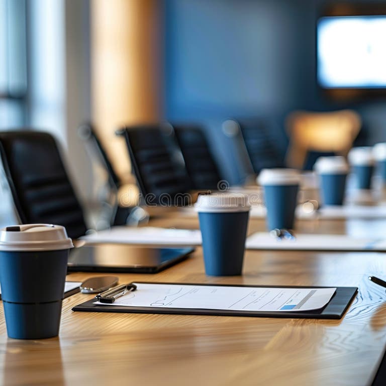 Boardroom Table Set Up for a Meeting with Documents, Laptops, and ...