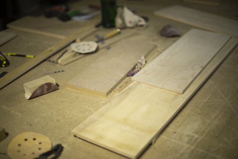 Boards on Table. Details of Carpentry Workshop. Process of Creating ...