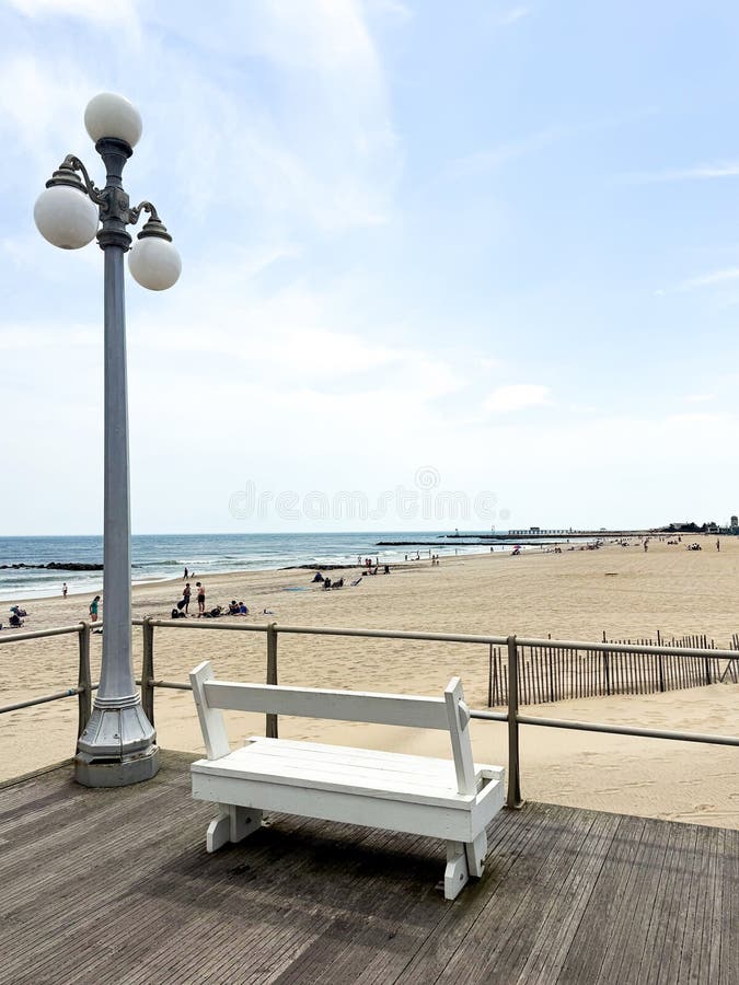 Boardwalk Bench and Beach View at Avon-by-the-Sea, New Jersey Stock ...