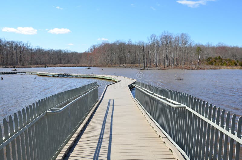 Boardwalk with Metal Railing and Lake Water Stock Image - Image of ...