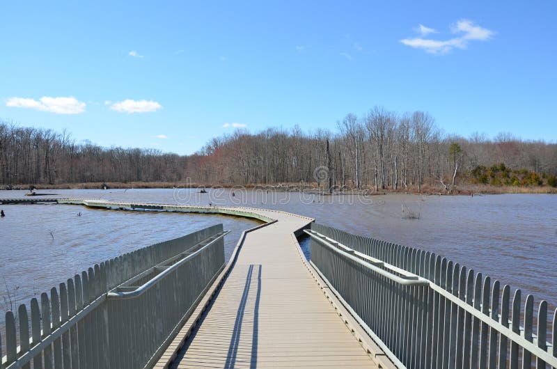 Boardwalk with Metal Railing and Lake Water Stock Image - Image of ...