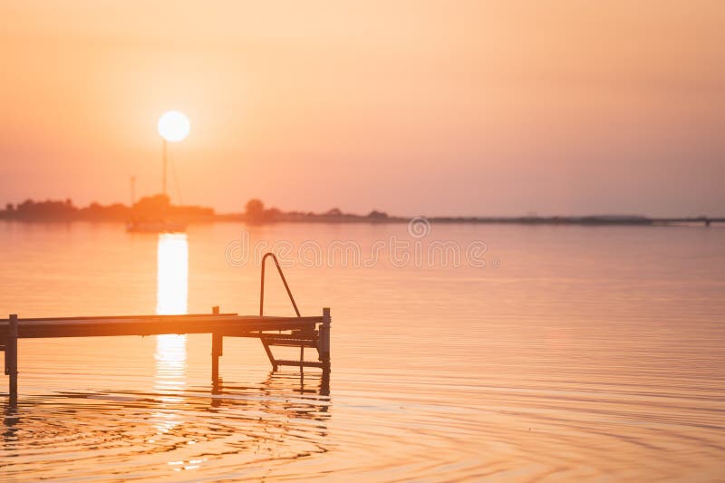 Boardwalk Ocean Swimming Bridge in Cozy Warm Sunset Lighting Stock ...