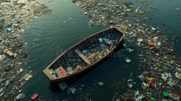 A Boat Adrift in a Sea of Plastic Pollution Stock Image - Image of ...