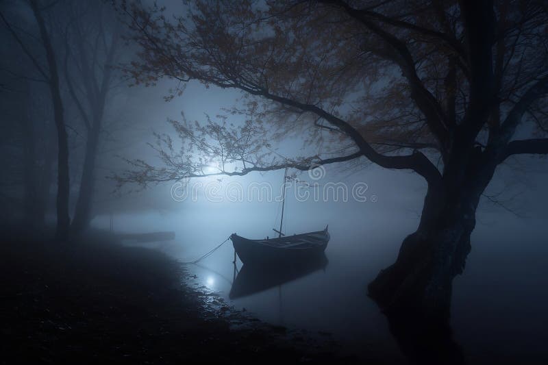 Boat on Bank of River at Night Stock Image - Image of mist, generated ...