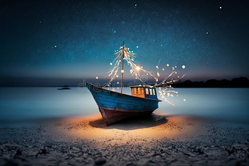 Boat on the Beach in the Night,Generative AI Stock Illustration ...