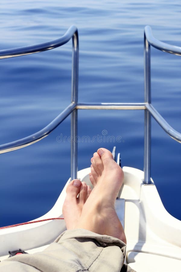 Boat Bow Man Feet Blue Sea View Stock Image - Image of blue, beautiful ...