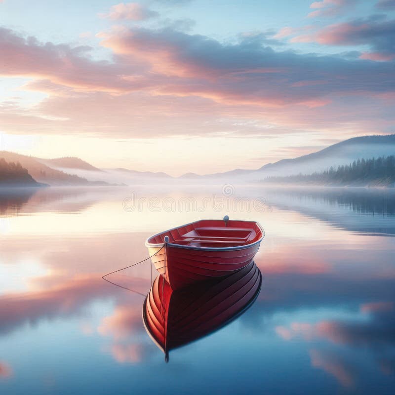 Boat on a Calm Lake with Morning Fog. Stock Image - Image of ...