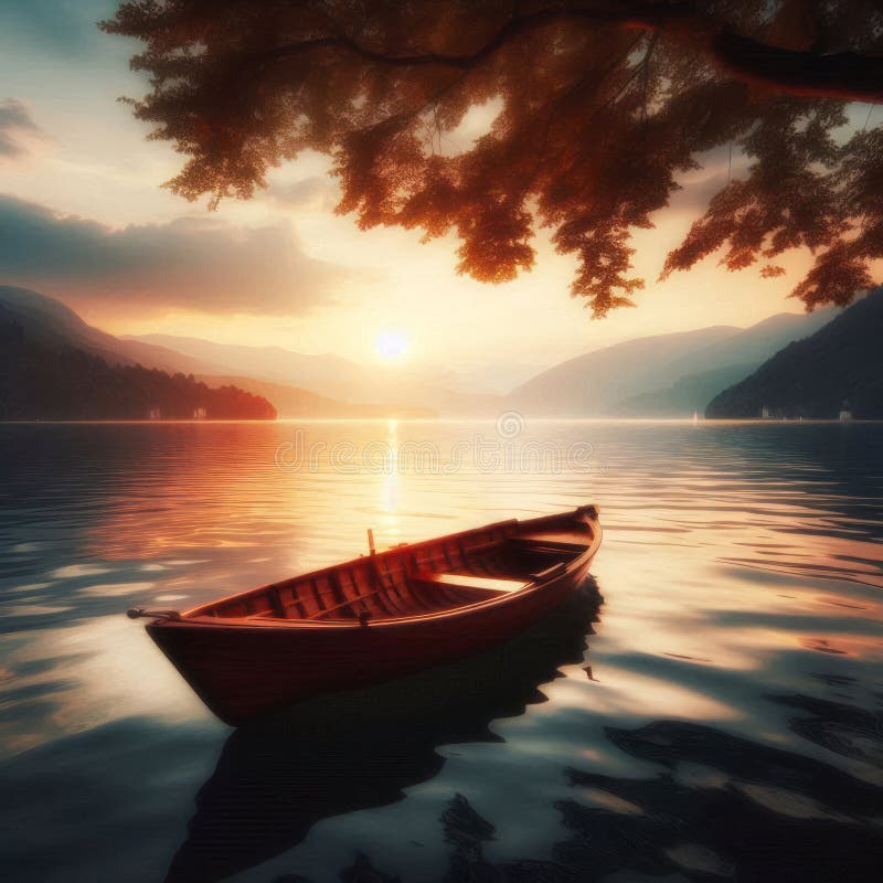 Boat on a Calm Lake at Sunset. Stock Photo - Image of boat, lake: 344133338