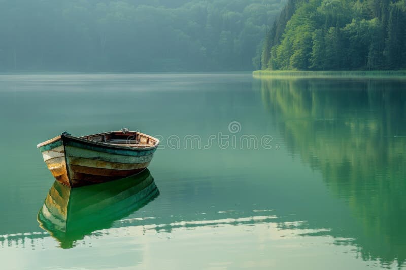 Boat on Calm Lake Water with Green Trees in Mist Stock Image - Image of ...