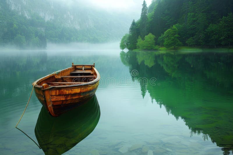 Boat on Calm Lake Water with Green Trees in Mist Stock Image - Image of ...