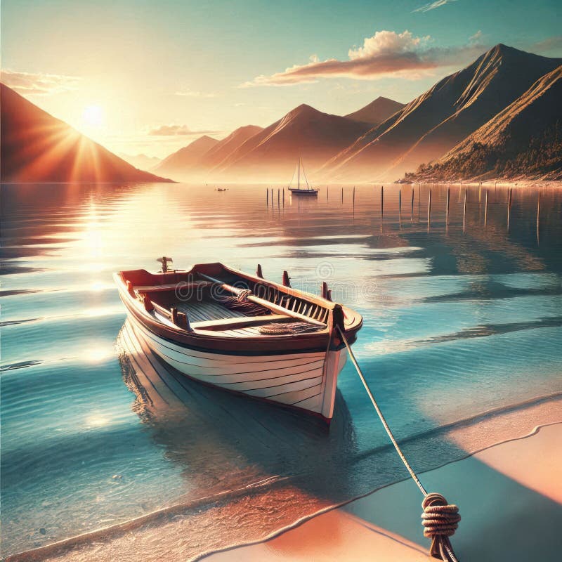 Boat on Calm Water with Sunset in the Background. Stock Photo - Image ...