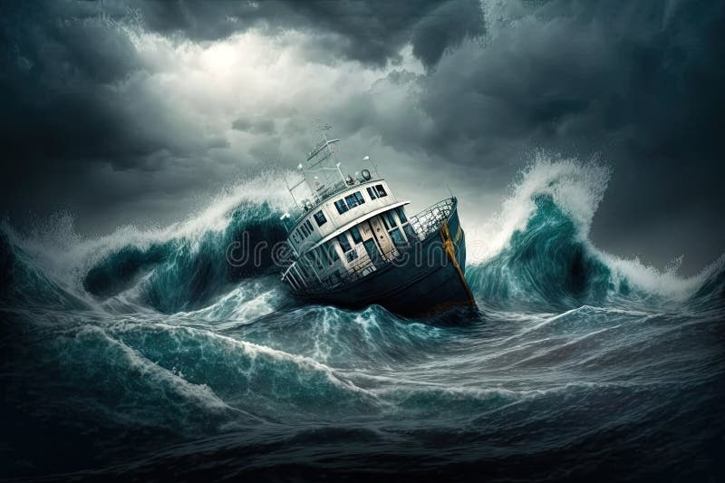 A Boat Capsized in the Ocean in a Storm. Generative AI Stock ...