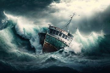 A Boat Capsized in the Ocean in a Storm. Generative AI Stock ...