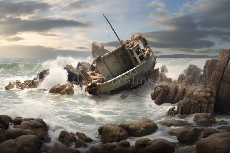 Boat Capsizing Near Rocky Coastline Stock Illustration - Illustration ...