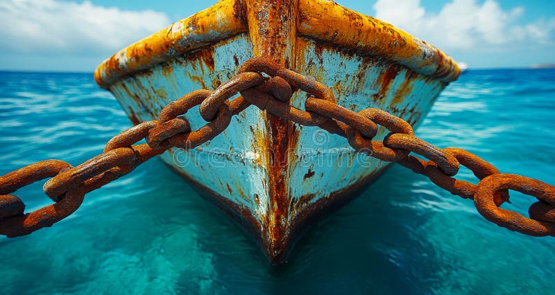 A Boat with Chains Attached To it is in the Water Stock Image - Image ...