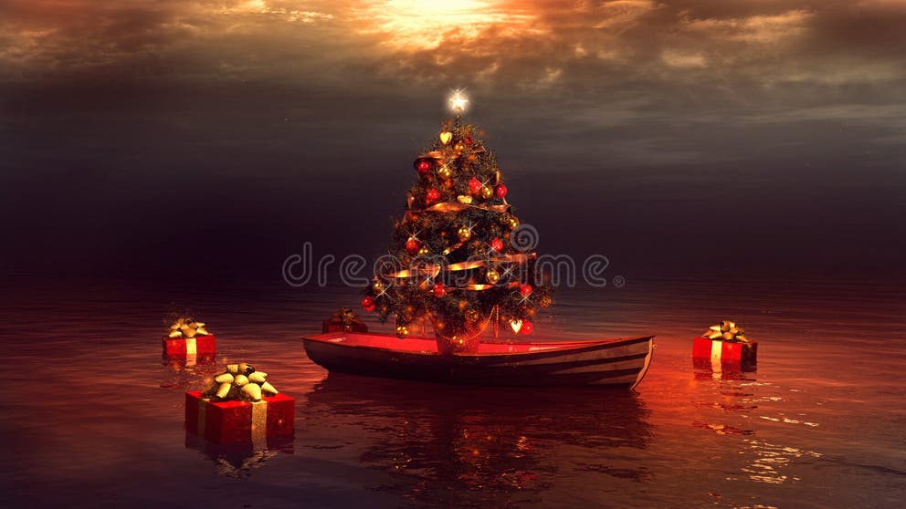 Boat and christmas tree stock illustration. Illustration of artwork ...