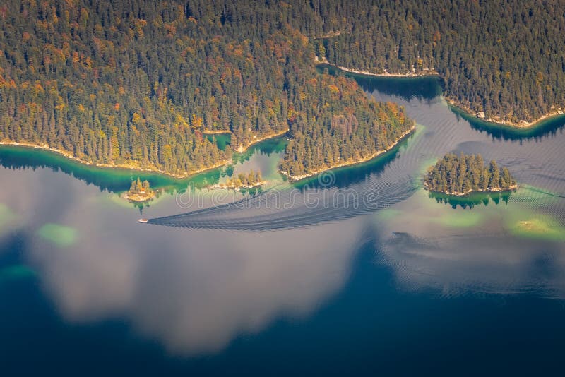 Boat Crossing Eibsee in Bavaria at the German Alps from Above, Germany ...