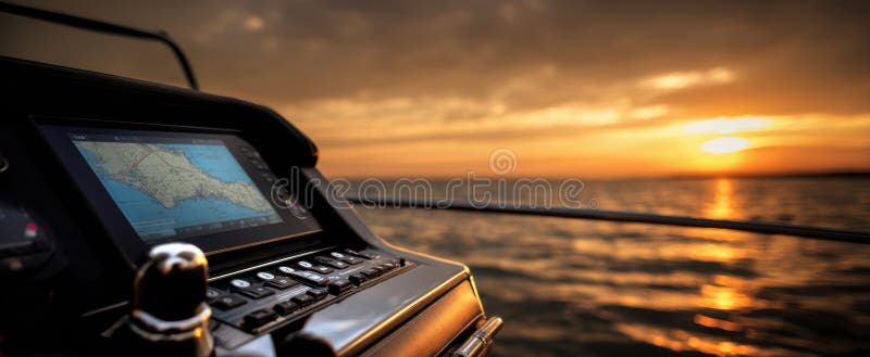 The Boat Dashboard Displaying Navigation during a Stunning Sunset Over ...