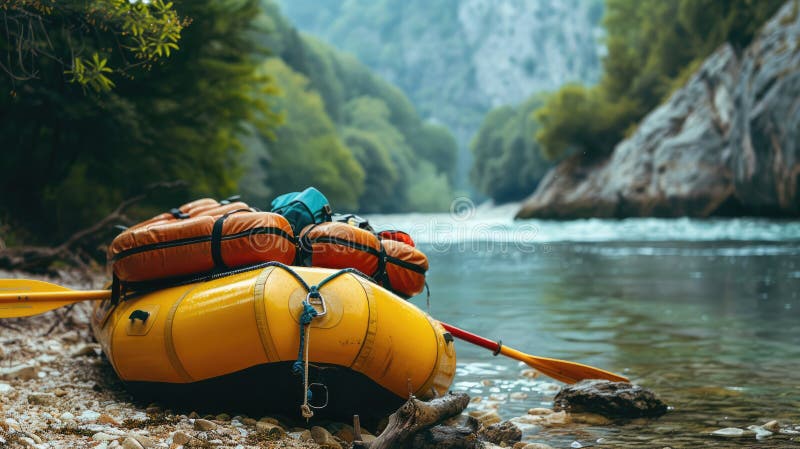 Boat and Equipment for Rafting Instructor. Rafting on a Mountain River ...