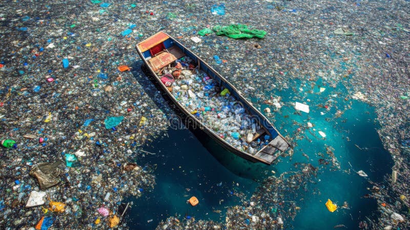 A Boat Filled with Plastic Debris Floating in a Sea of Pollution Stock ...