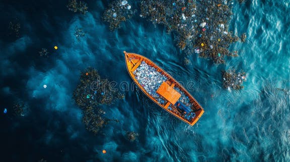A Boat Filled with Plastic Waste in a Blue Ocean Stock Image - Image of ...