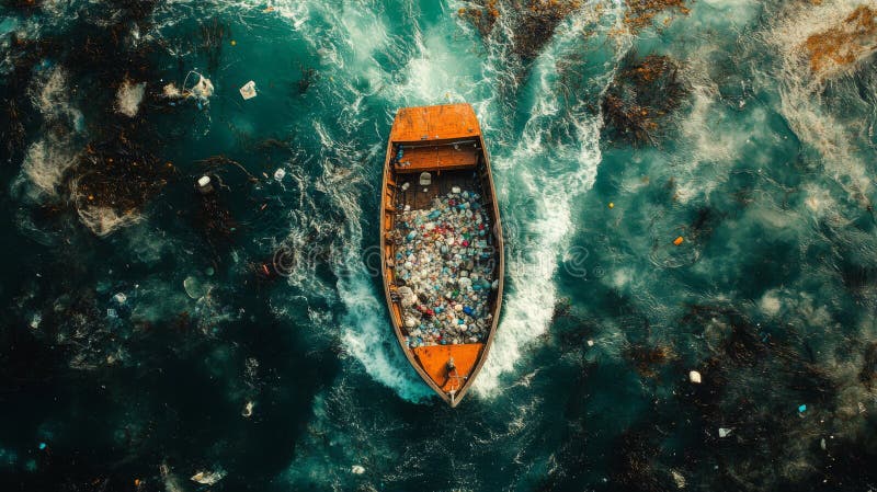 A Boat Filled with Plastic Waste Navigates a Sea of Debris Stock Image ...