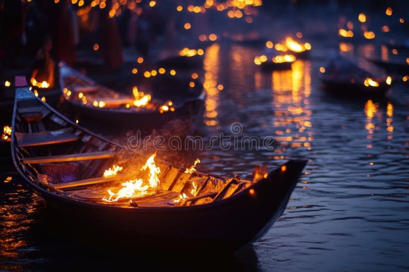 A Boat is on Fire while Floating on the Surface of the Water, with ...