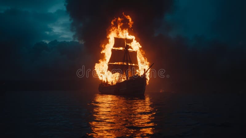 A Boat on Fire in the Middle of the Ocean at Night Stock Photo - Image ...