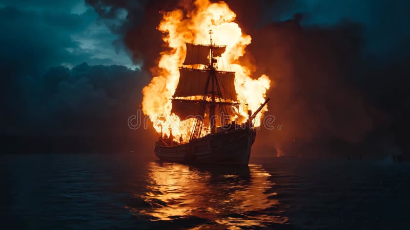 A Boat on Fire in the Middle of the Ocean at Night Stock Footage ...