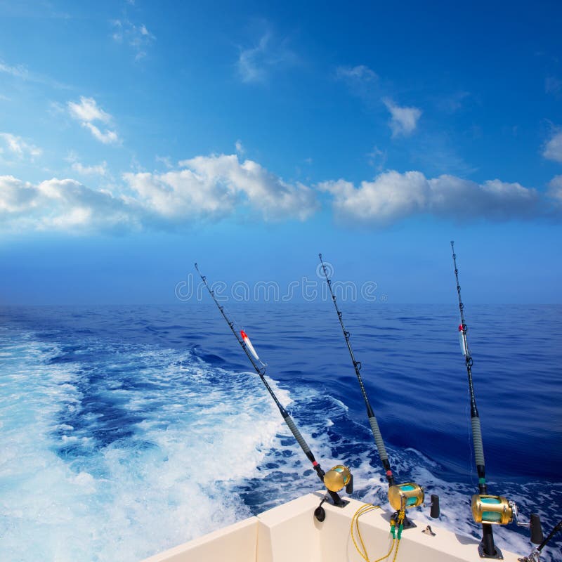 Boat Fishing Trolling in Deep Blue Ocean Offshore Stock Image - Image ...