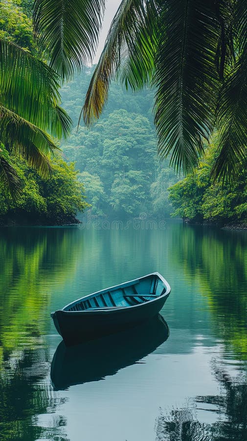Boat Floating in a Calm Bay Surrounded by Lush Greenery. Stock Photo ...