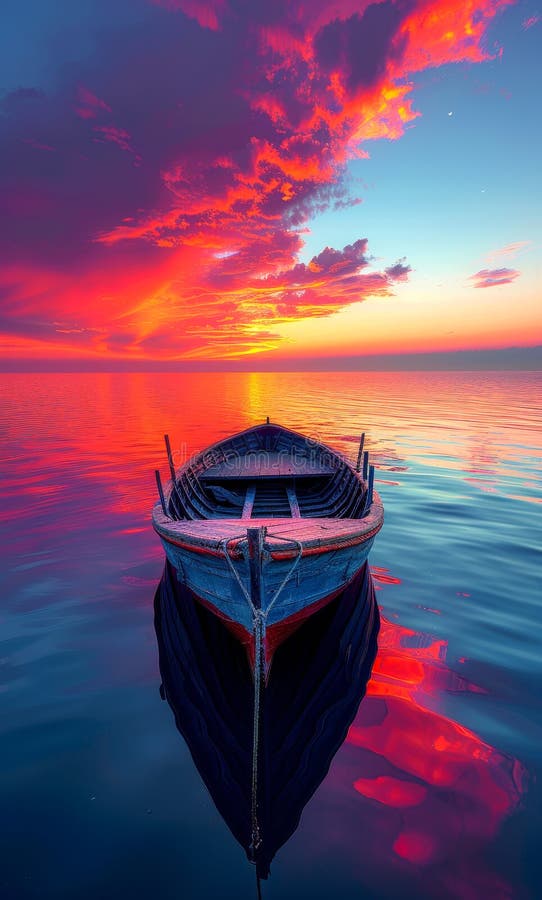 A Boat is Floating on a Calm Lake at Sunset Stock Image - Image of ...