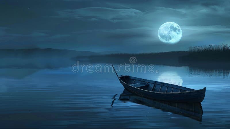 Boat Floating on Lake Under Full Moon Stock Photo - Image of magical ...