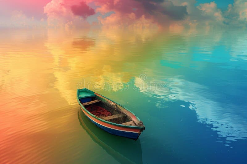 A Boat Floating Peacefully Amidst a Rainbow of Colors Stock ...