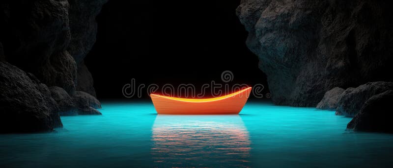 A Boat in a Cave with a Glowing Orange Light. Stock Photo - Image of ...