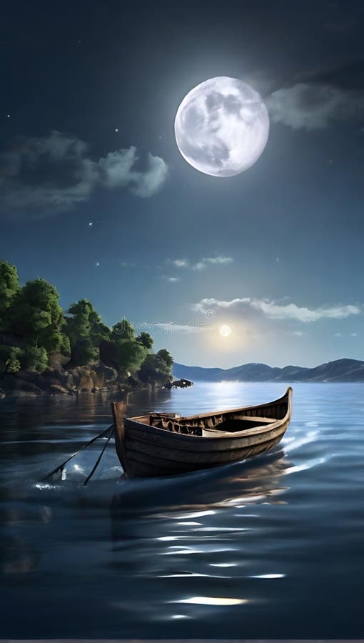 A Boat is Floating in the Water with a Full Moon in the Background ...