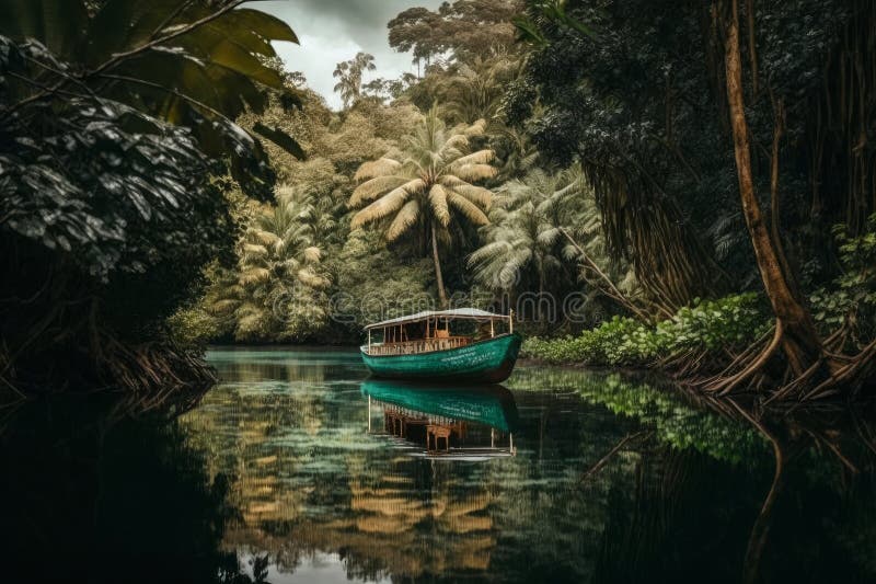 Boat Floats on the River in Tropical Forest. Illustration AI Generative ...