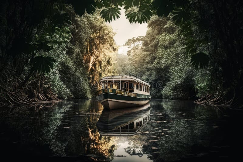 Boat Floats on the River in Tropical Forest. Illustration AI Generative ...