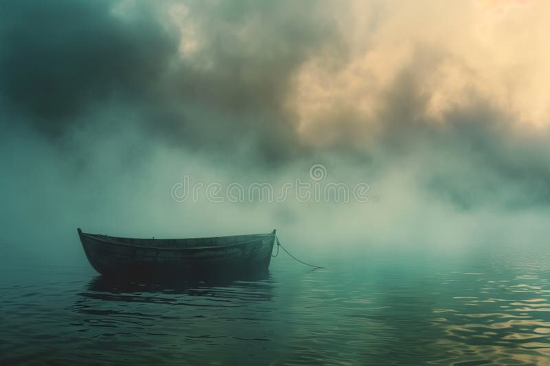 Boat in fog on the water stock photo. Image of dawn - 324365488