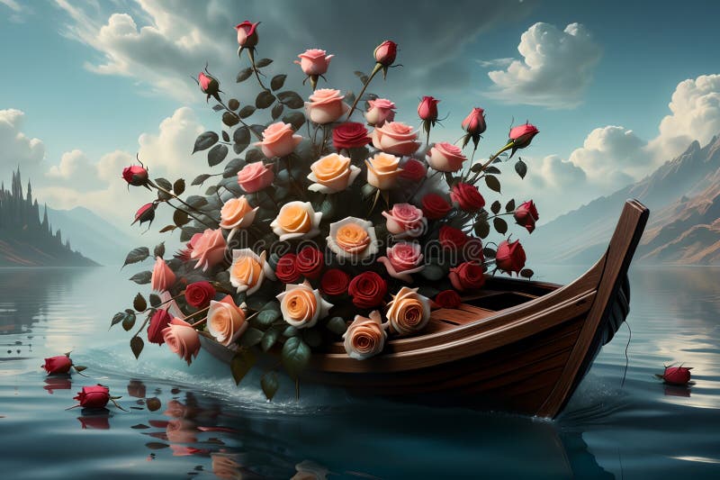 A Boat Full of Roses Floats on the Water Stock Image - Image of ...