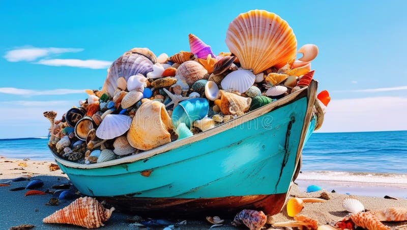 A Boat Full of Sea Shells Sits on the Beach Stock Image - Image of ...