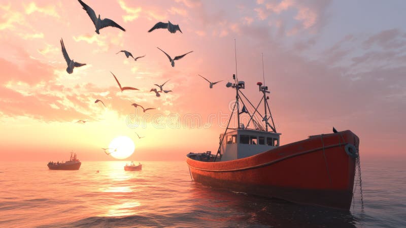 A Boat Glides Across the Ocean, Framed by a Stunning Sunset. Stock ...
