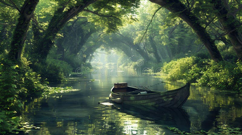 A Boat Glides Peacefully Along a Tranquil River Surrounded by Dense ...