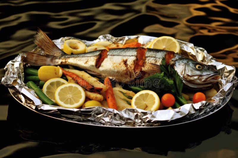 Boat Grill with Fresh Fish and Foil-wrapped Vegetables Stock ...